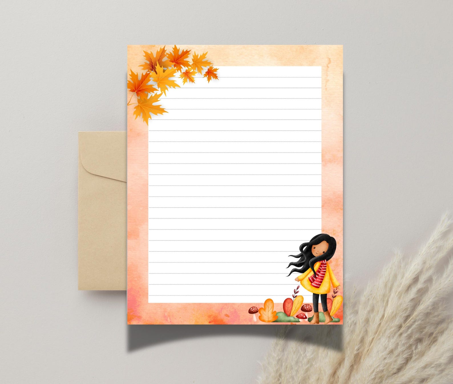 Autumn Fall Printable Stationery-autumn Girl Writing Paper Set Lined ...