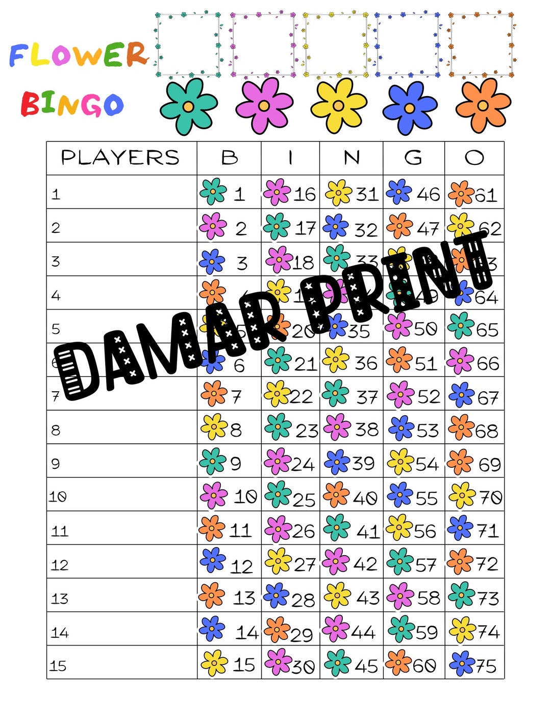 Flower Bingo Boards-printable Bingo Boards 1-15 Lines- Straight Mixed ...