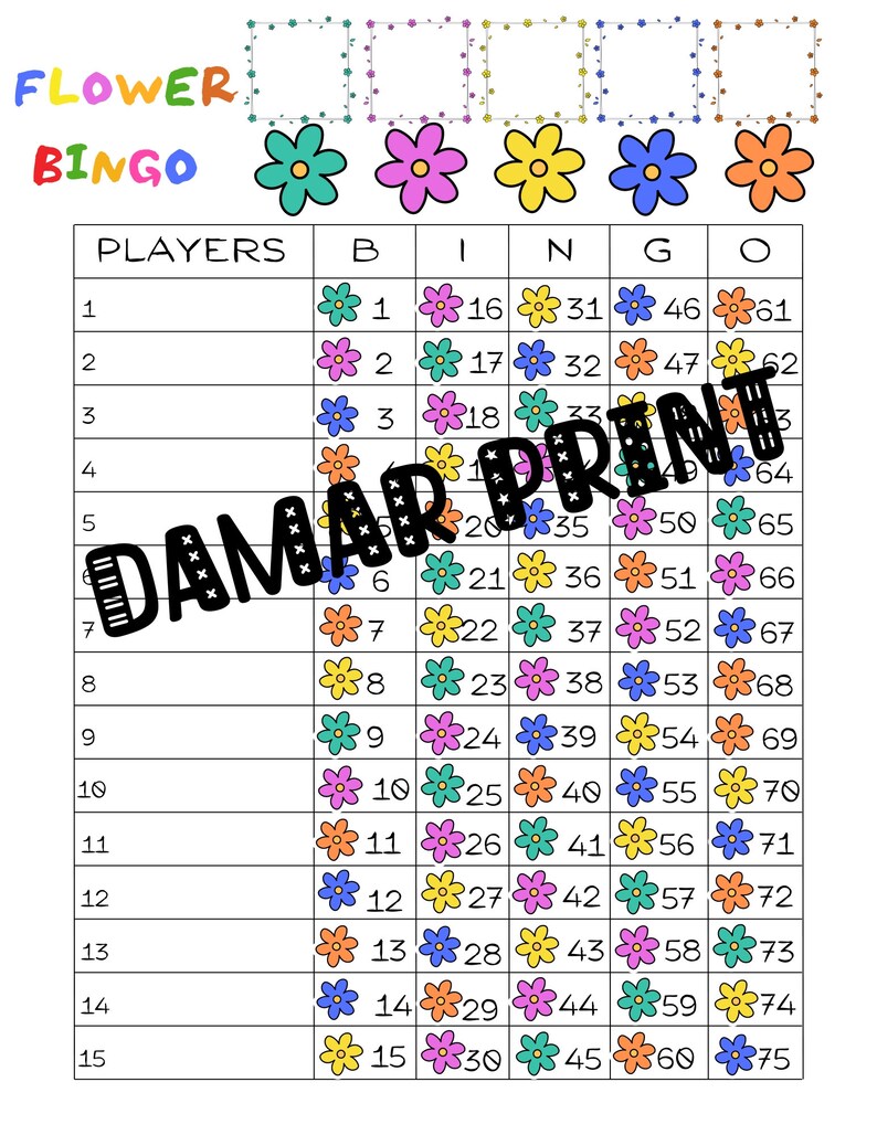 Flower Bingo Boards-printable Bingo Boards 1-15 Lines- Straight Mixed ...