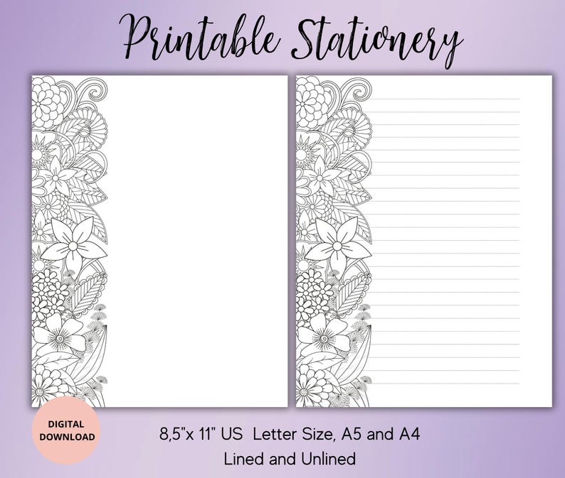 Coloring Flower Printable Stationery,flower Stationary,digital Download ...