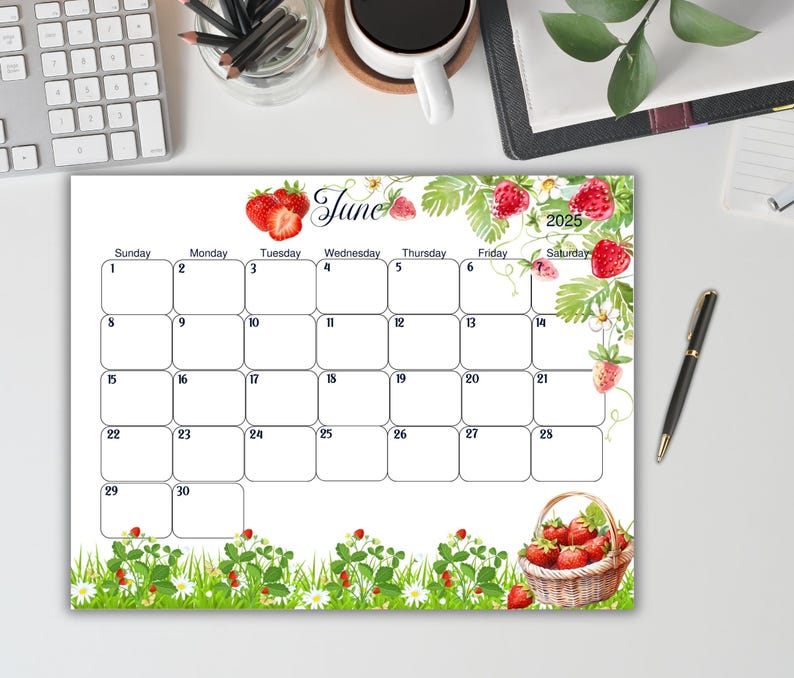 June 2025 Editable Printable Calendar-strawberry Summer Printable ...