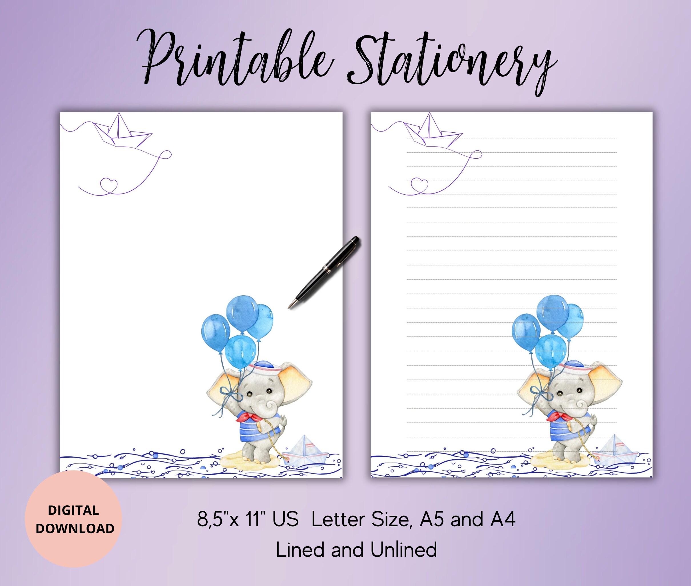 Elephant Printable Stationery Kids Stationary Animal Writing Paper Set ...