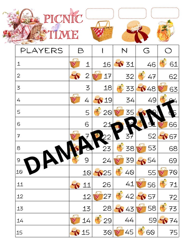 Printable Picnic Bingo Boards Set - 1-15 Lines, Straight, Mixed - 75 ...
