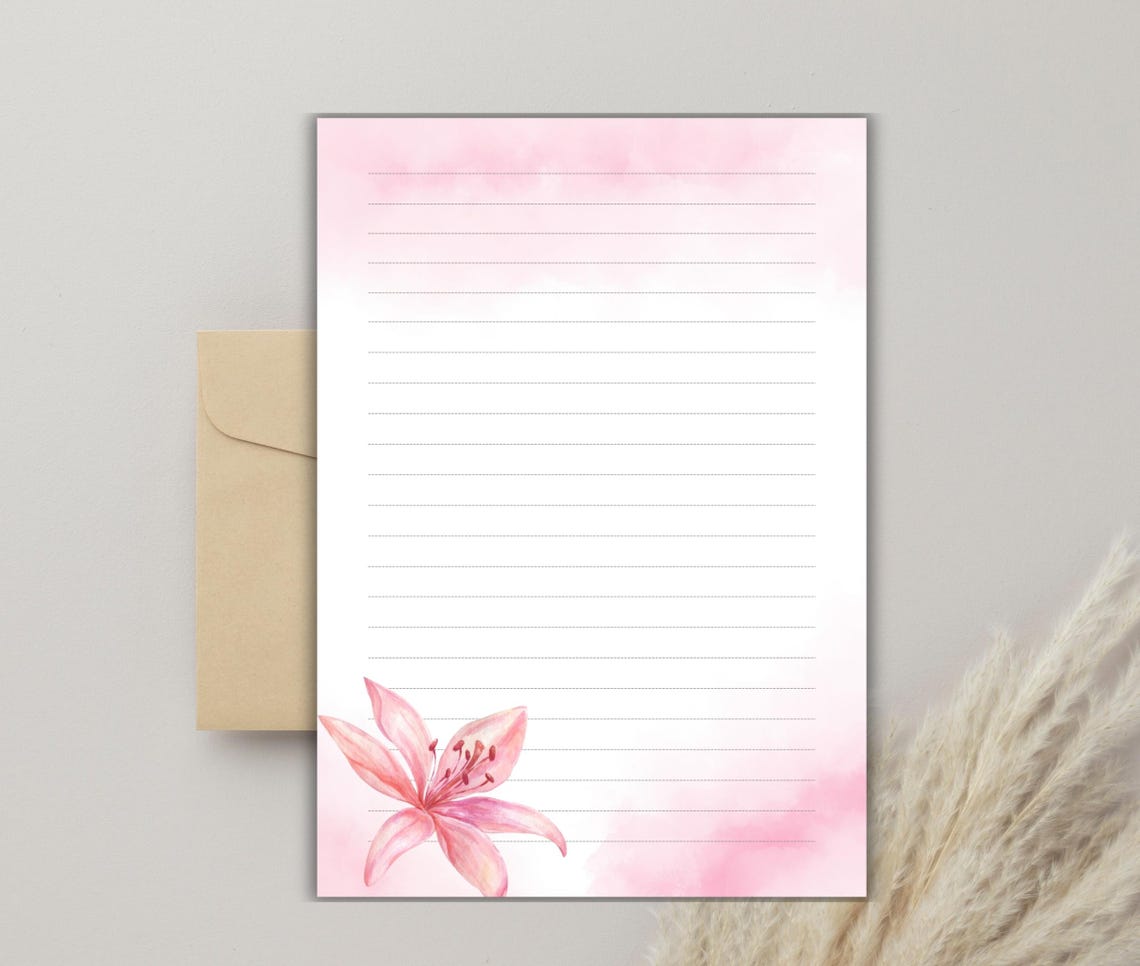 Pink Lily Printable Stationery-lily Writing Paper Set Lined Unlined A5 ...