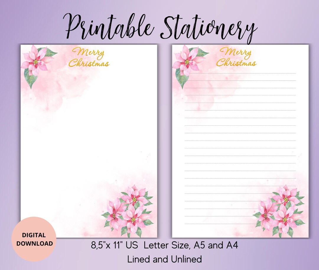 Pink Christmas Poinsettia Printable Stationery/christmas Flower Writing ...
