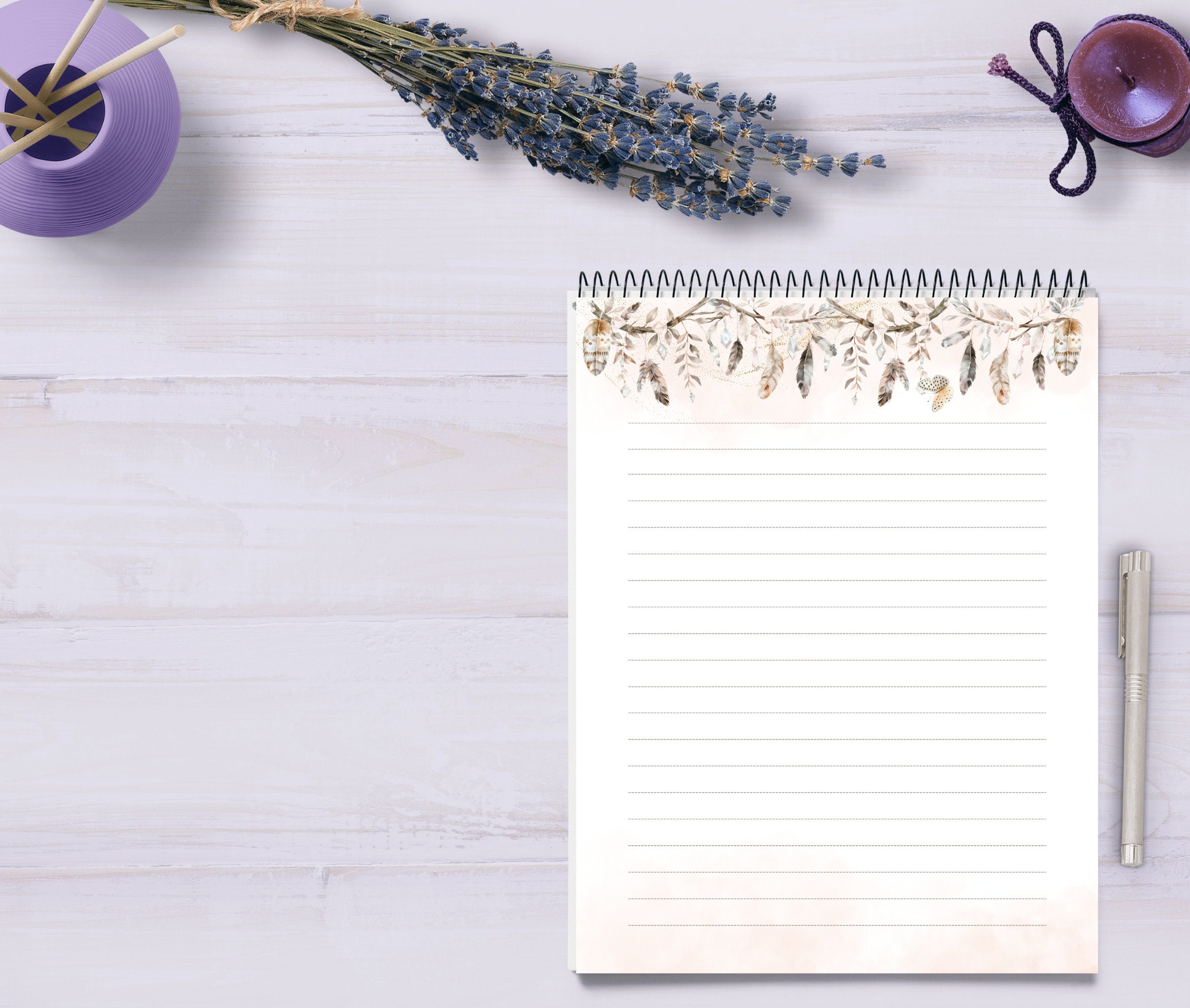 Watercolor Boho Feathers Printable Stationery -watercolor Writing Paper ...