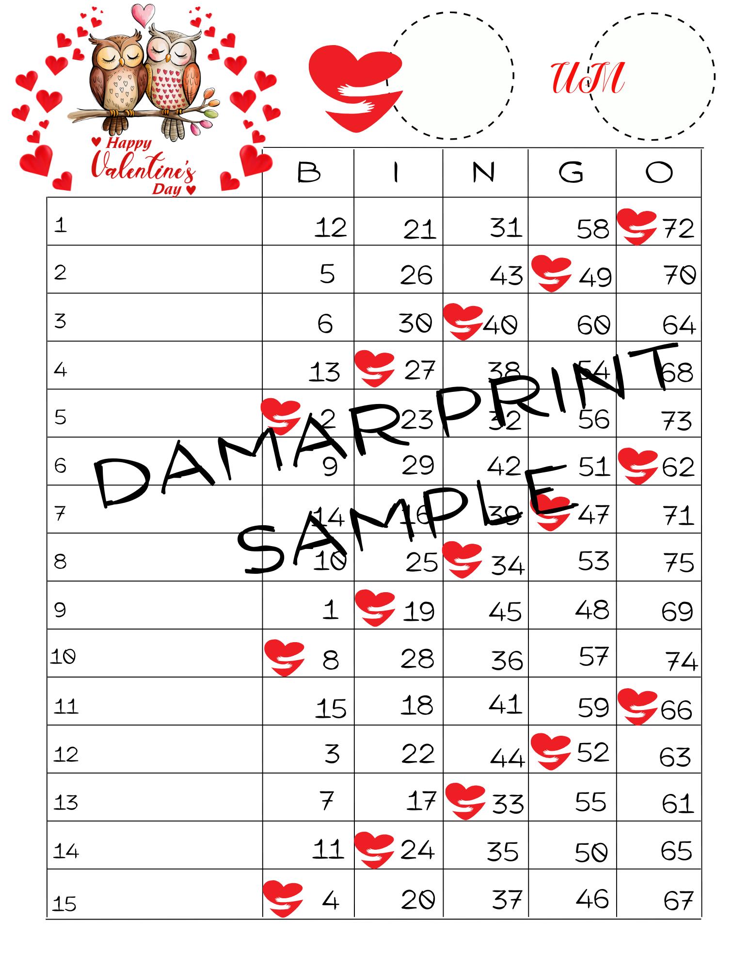 Owls Printable Bingo Boards 1-15 Lines-instant Download-valentine's Day ...