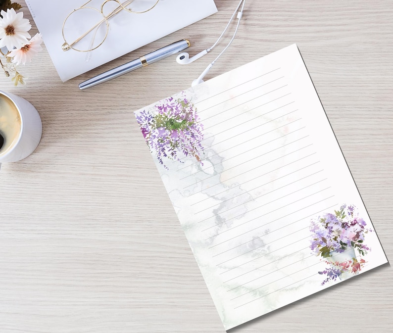 Purple Flower Printable Stationery-floral Writing Paper-letter Paper A4 ...