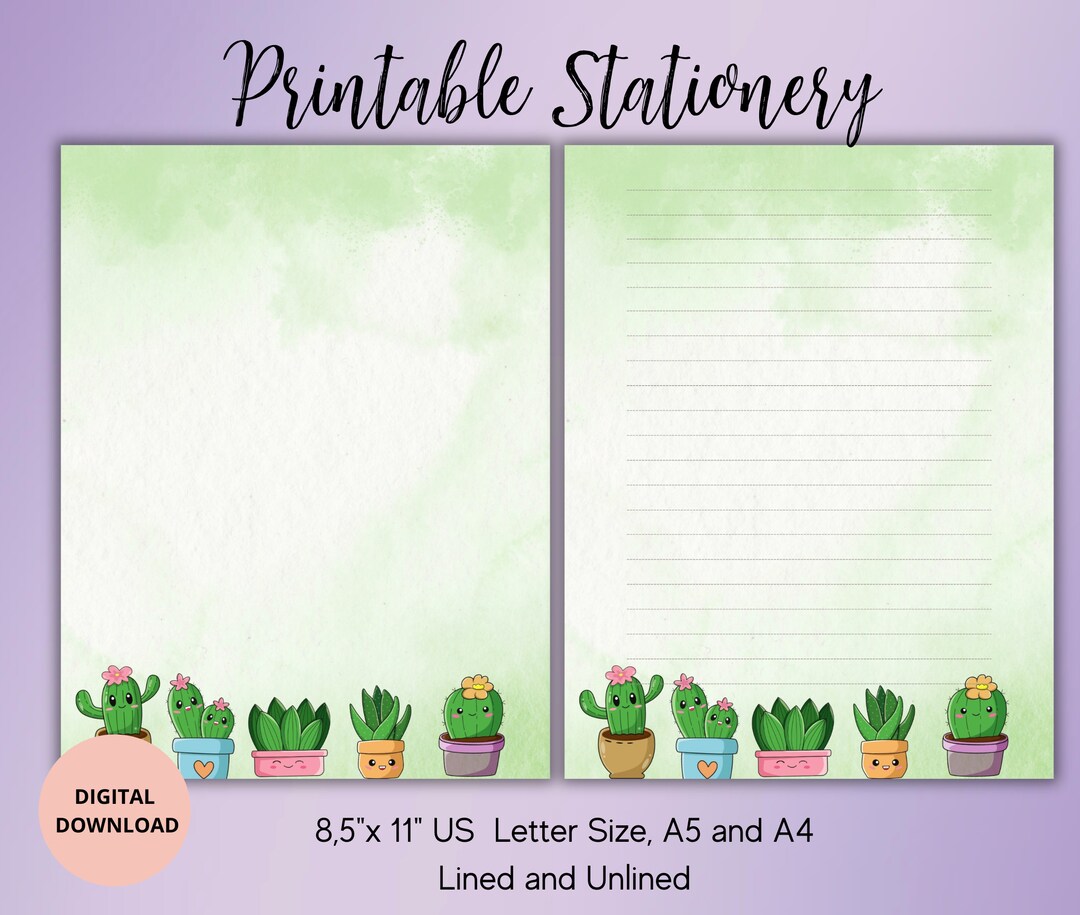 Cactus Printable Stationery-botanical Letter Unlined Lineda4/a5/letter ...