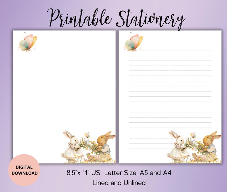 Bunnies Printable Stationery-cute Animal Stationary Sets-digital Letter-kids Writing Paper Set ...