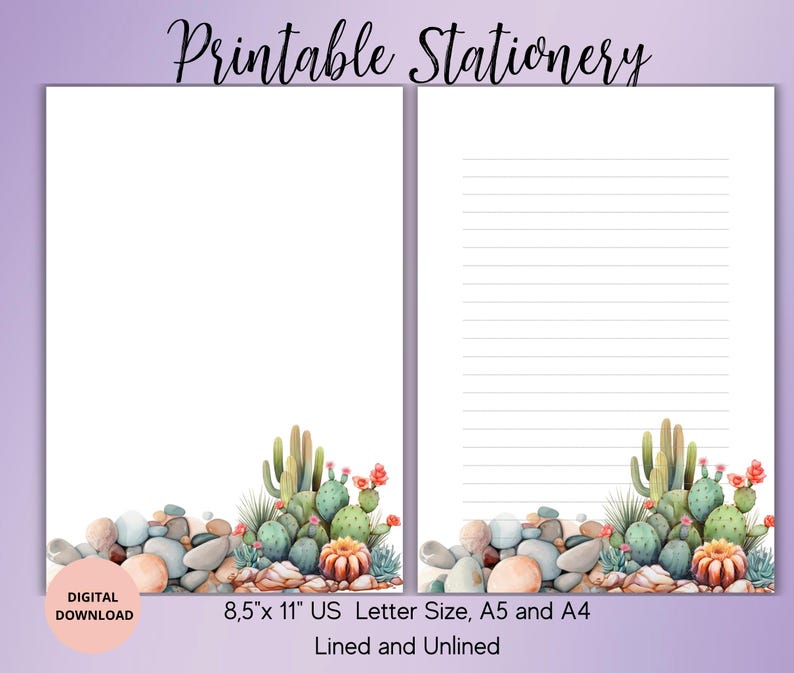 Cactus Stationery,cactus Printable Writing Paper Set,digital Custom ...