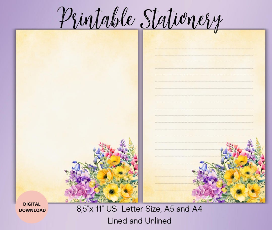 Spring Flower Printable Stationery-floral Writing Paper Unlined Lined ...