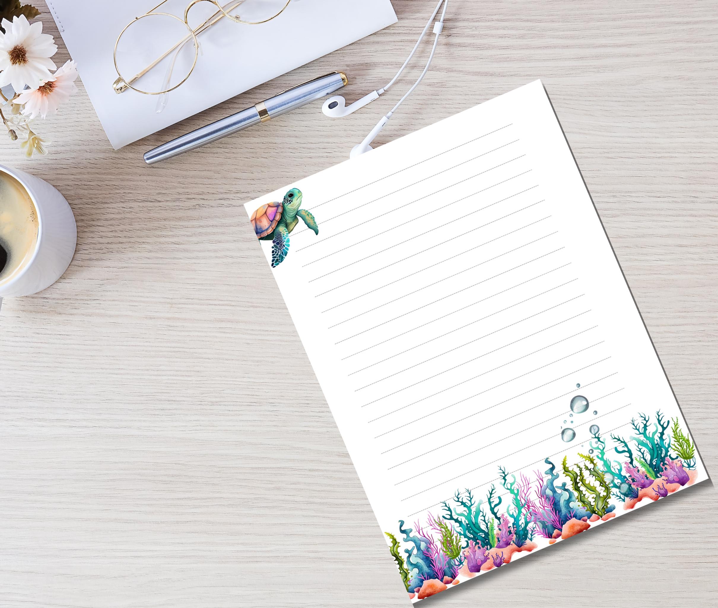 Turtle Sea Writing Set ,marine Printable Stationery,watercolor Writing ...