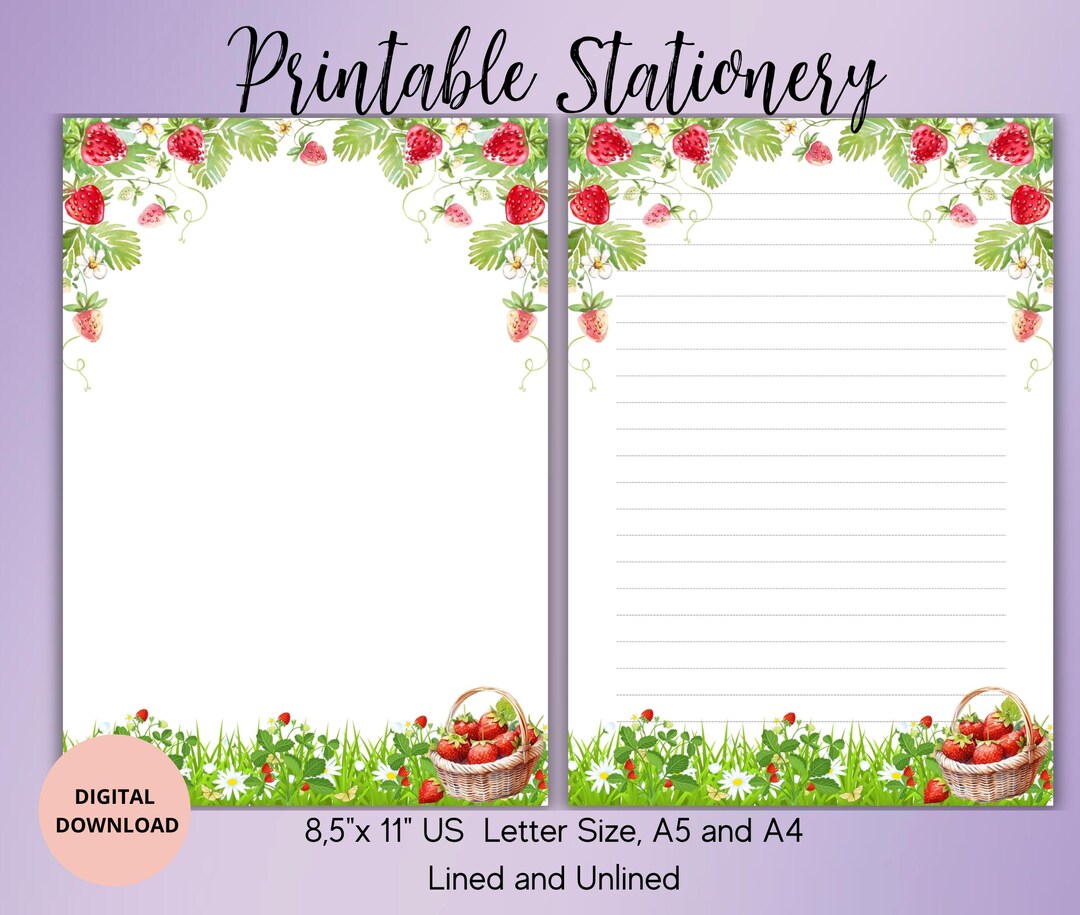 Strawberry Printable Stationery-flower Pen Pal Supplies-summer Writing ...