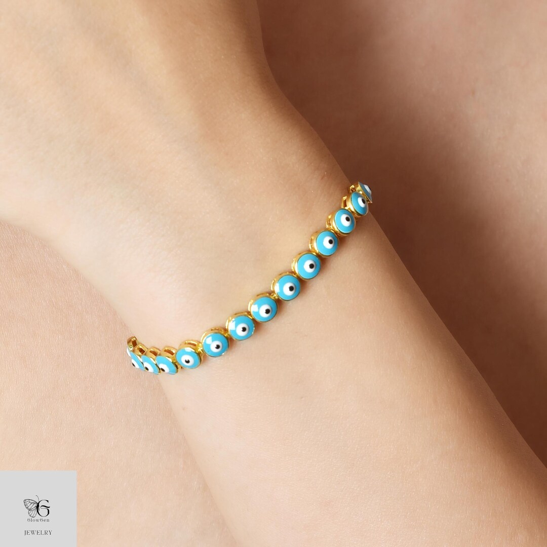 Tiny Evil Eyes Bracelet, Tennis Evil Eye Bracelet, Adjustable Bracelet for Women, Gift for Wife ...