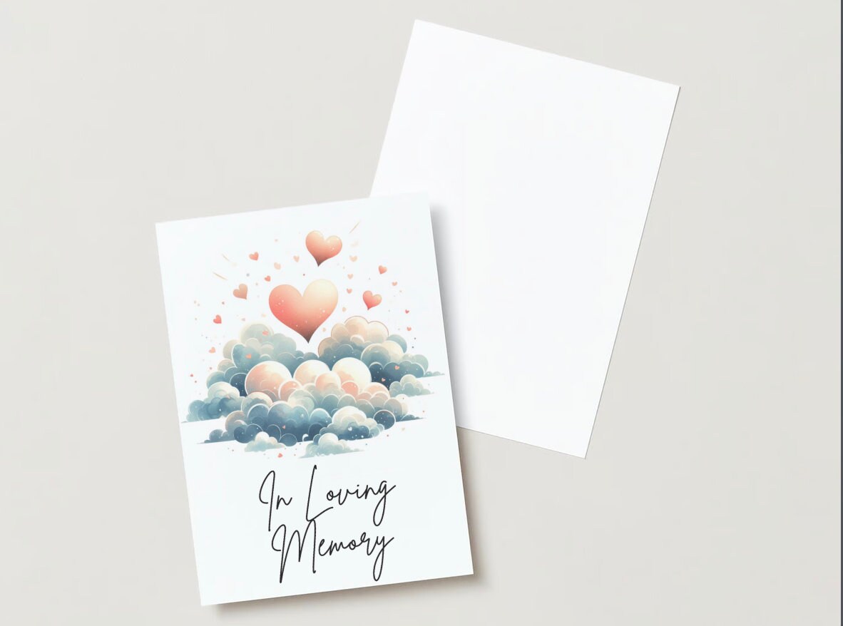 Printable Folding Card, Funeral, Hearts on Clouds, PDF, Easy Digital ...