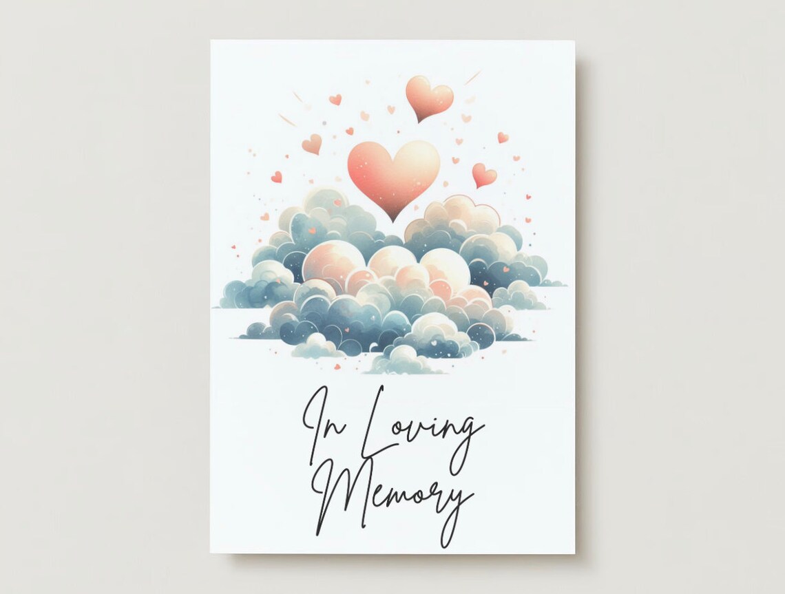 Printable Folding Card, Funeral, Hearts on Clouds, PDF, Easy Digital ...