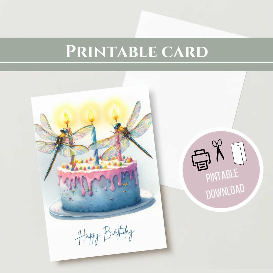 Printable Birthday Folding Card, Dragonfly Cake, PDF, Easy Digital ...