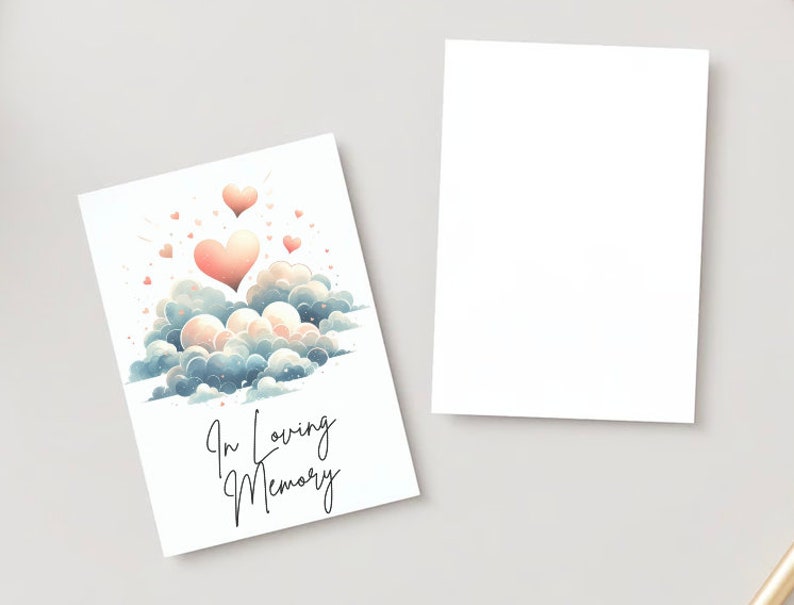 Printable Folding Card, Funeral, Hearts on Clouds, PDF, Easy Digital ...