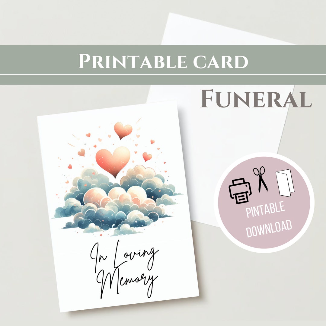 Printable Folding Card, Funeral, Hearts on Clouds, PDF, Easy Digital ...