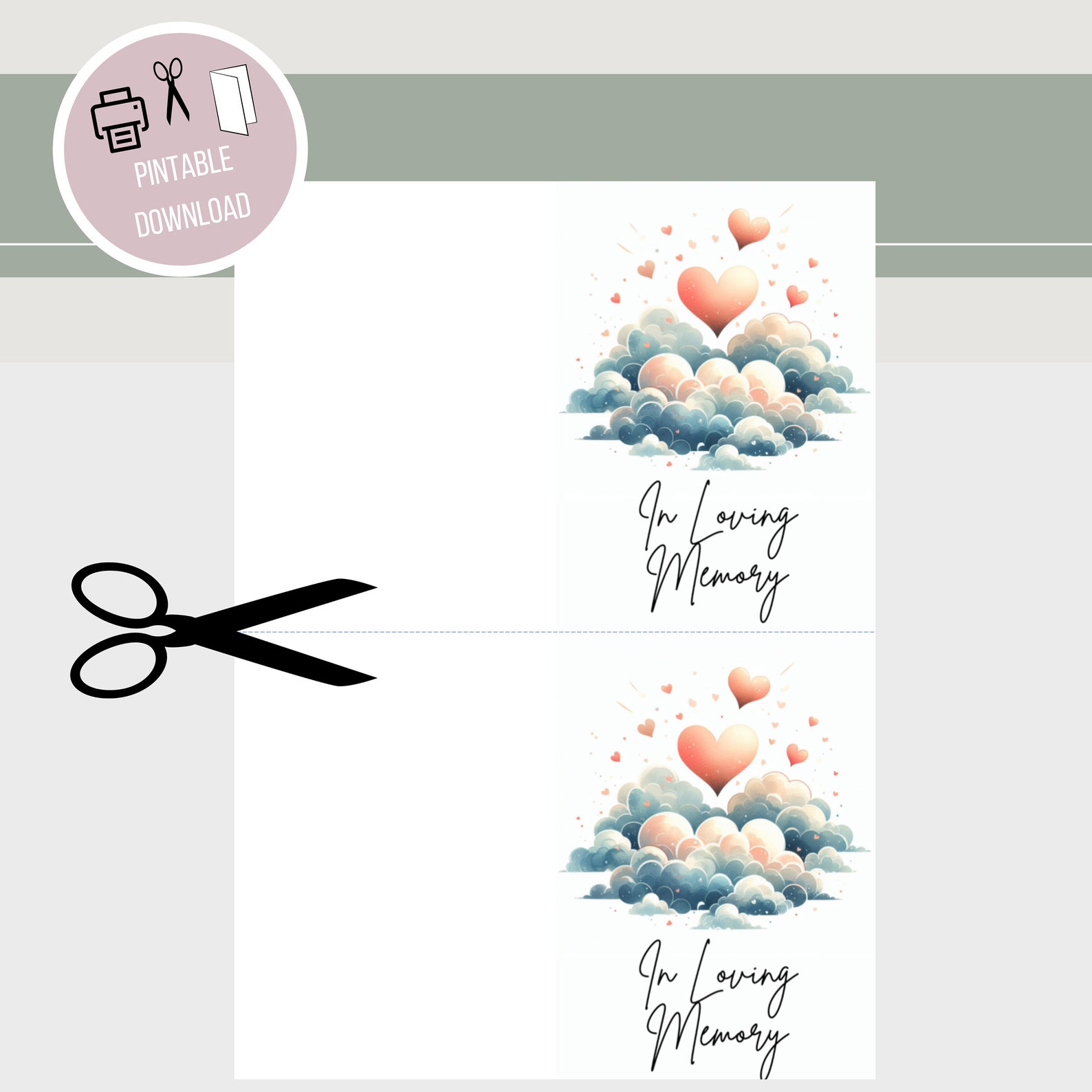 Printable Folding Card, Funeral, Hearts on Clouds, PDF, Easy Digital ...