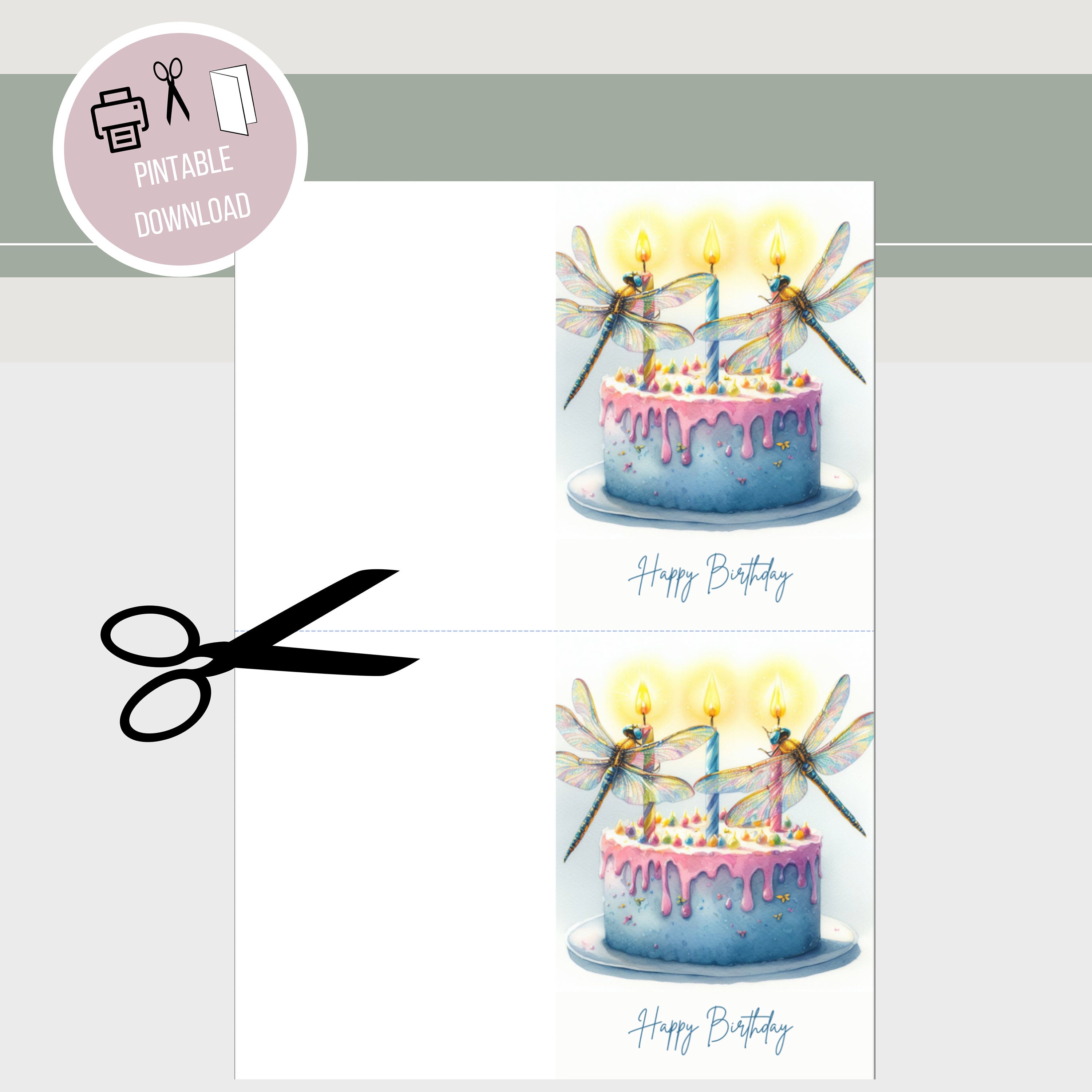 Printable Birthday Folding Card, Dragonfly Cake, PDF, Easy Digital ...