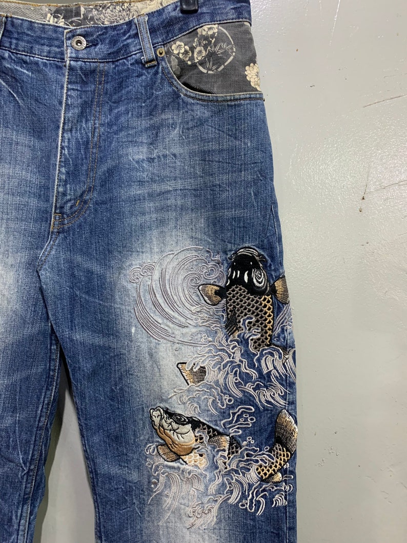 Japanese Brand Karakuri Tamashi Koi Fish Embroidery Jeans - Etsy