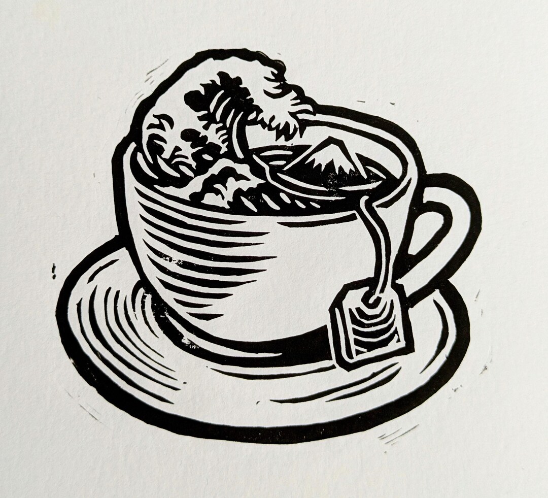 A Storm in a Teacup - Linocut - Tribute to Hokusai - Etsy