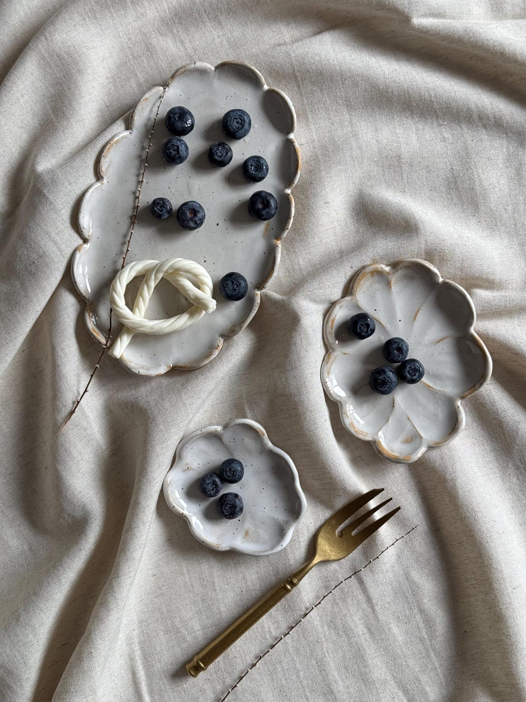 Ceramic Snack Serving Petal Platter Set of 3 Handmade White Rustic Side ...