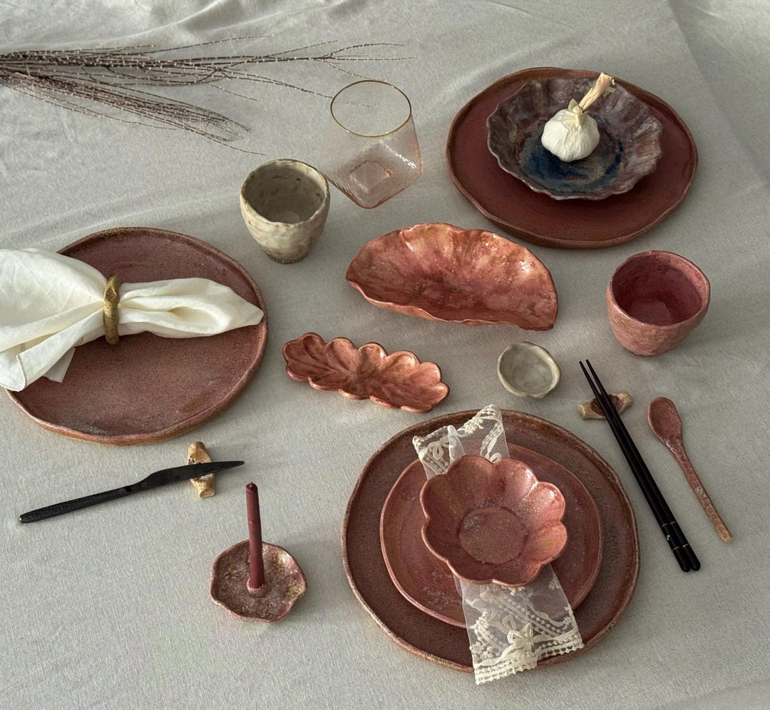 Ceramic Pink Plate Set, Handmade Dusty Rose Dinnerware, Stoneware ...