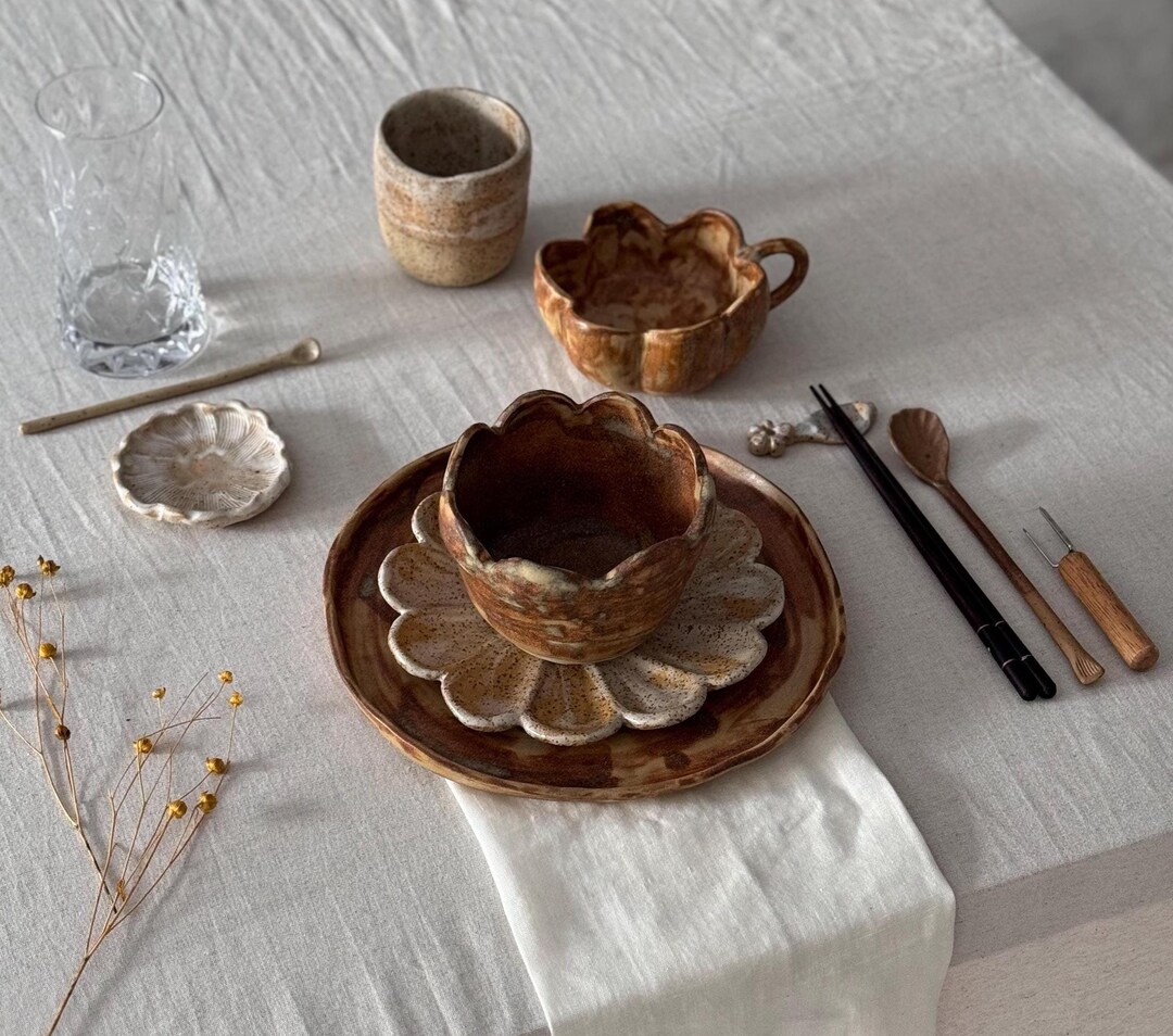 Handmade Rustic Stoneware Dinnerware Set: Copper Ceramic Plates and ...