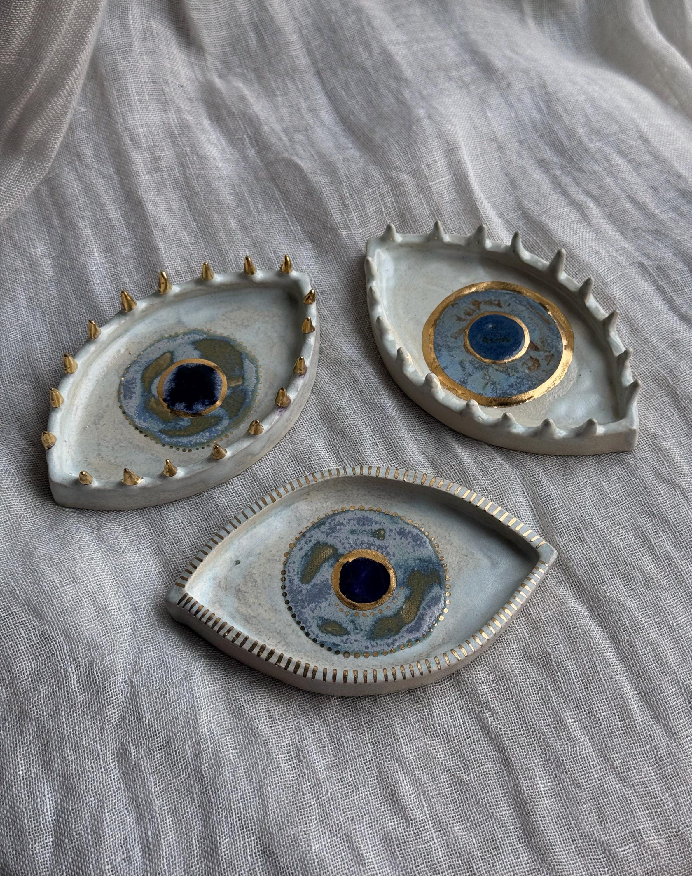 Handmade Ceramic Evil Eye Jewelry Dish: 14K Gold Luster Trinket Dish ...