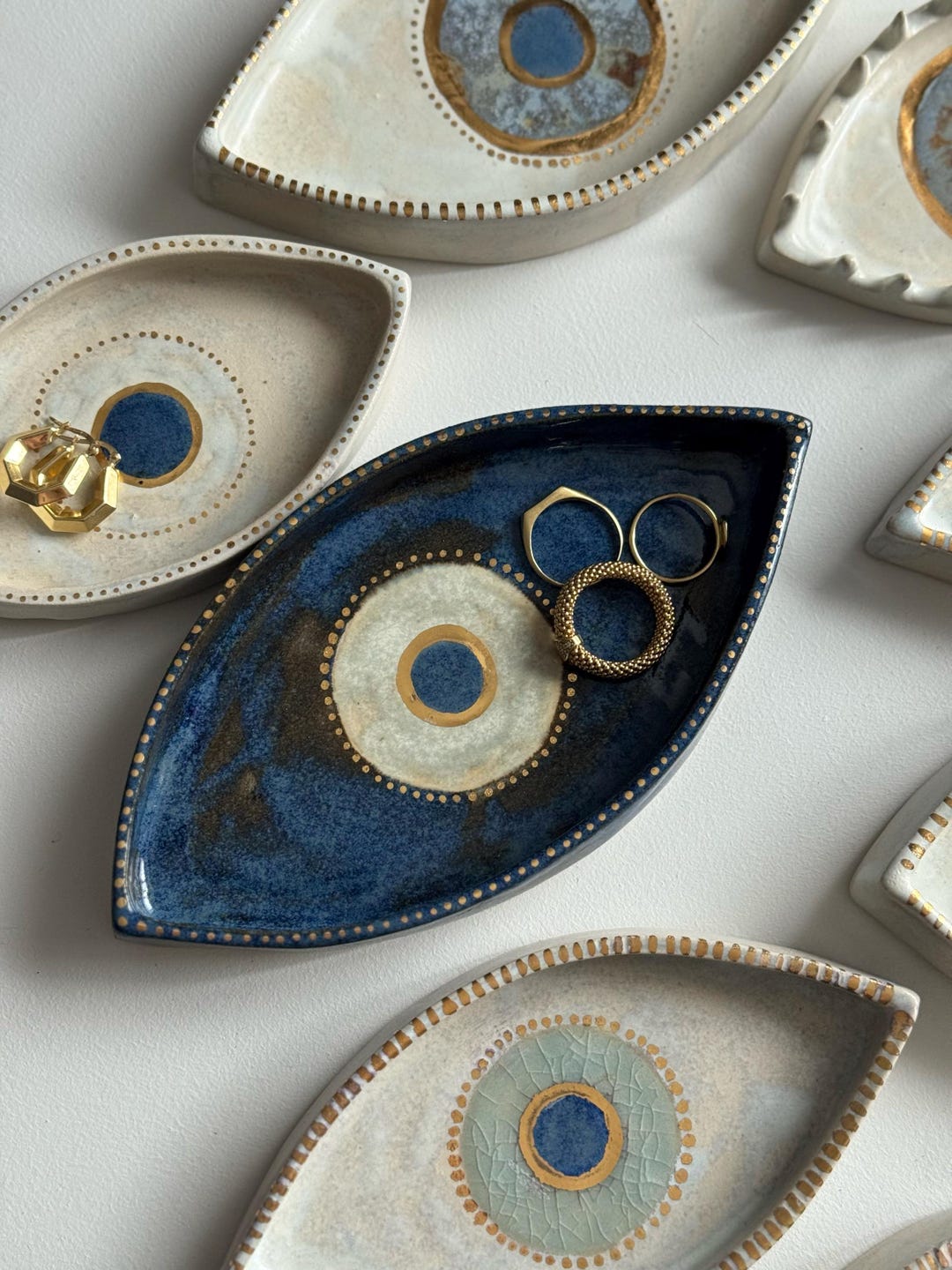 Handmade Ceramic Evil Eye Jewelry Dish: 14K Gold Luster Spiritual ...