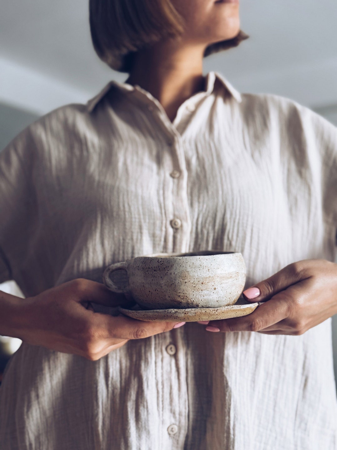 Handmade Ceramic Cappuccino Mugs and Saucer: Rustic Toasted White ...