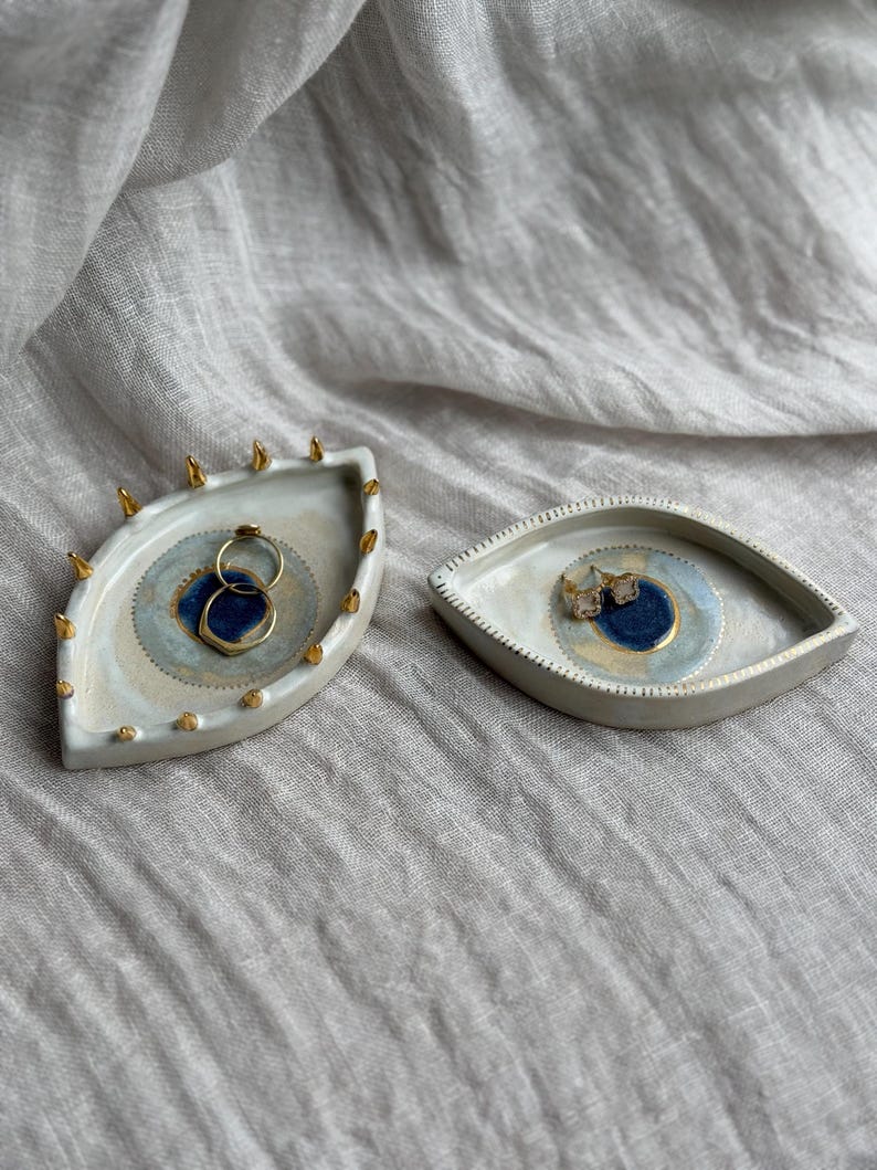 Handmade Ceramic Evil Eye Jewelry Dish: 14K Gold Luster Trinket Dish ...