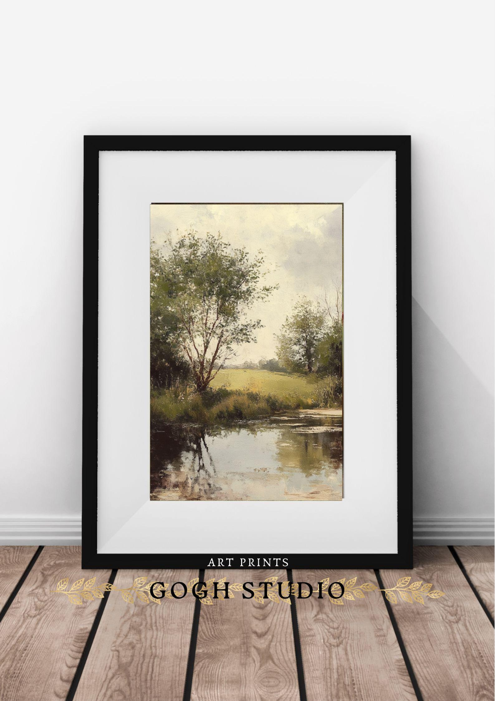 Vintage River Landscape Oil Painting, Cottagecore Nature Art (digital ...