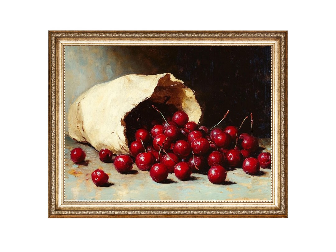 Vintage Cherry Oil Painting, Rustic Kitchen Fruit Print (digital Prints ...