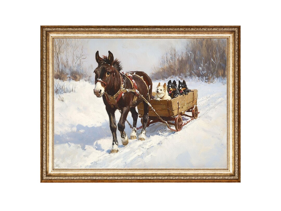 Winter Scene Christmas Pets Donkey and Cockapoo Dogs, Oil Painting ...