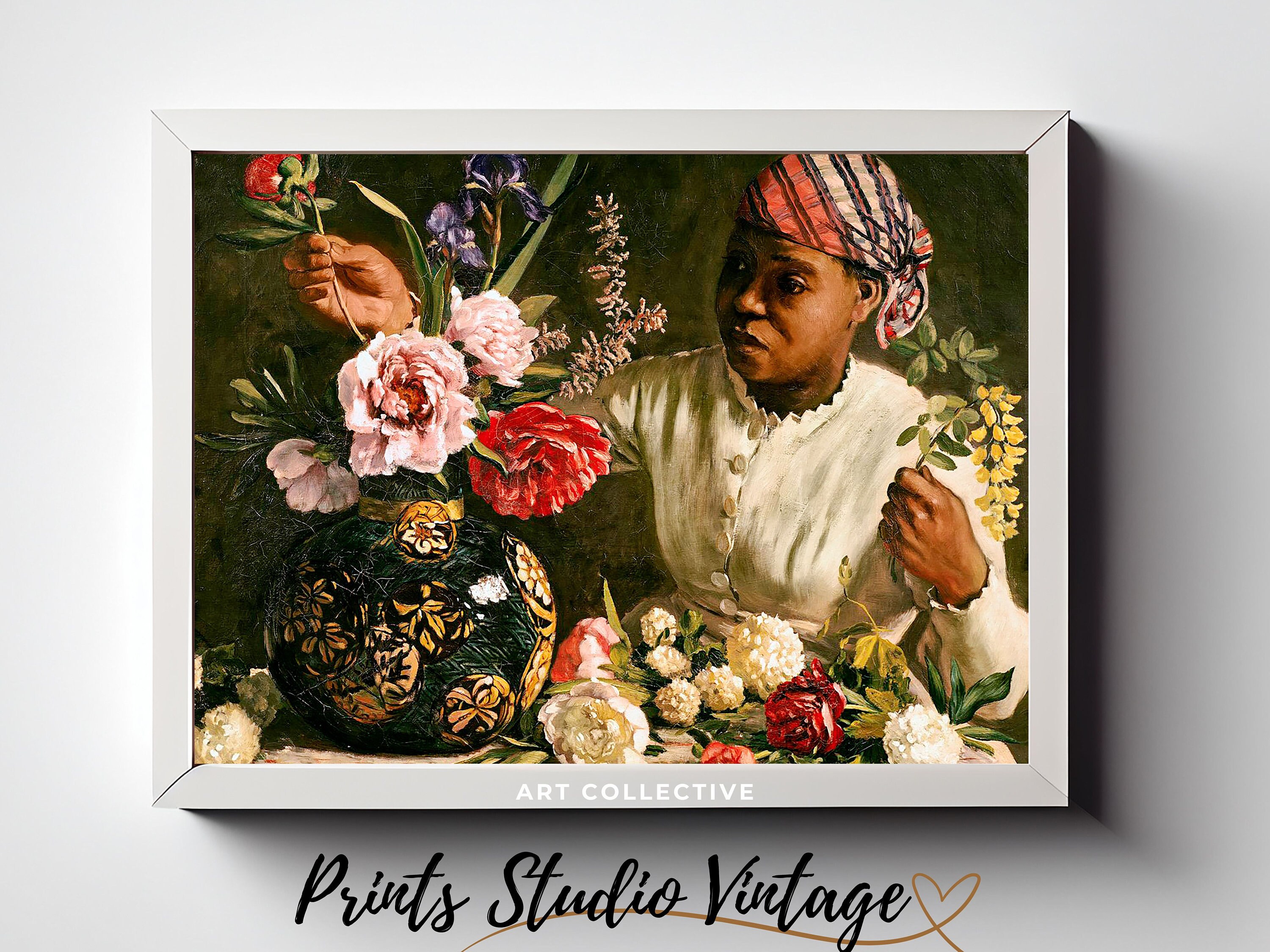 Vintage Black Woman With Peonies Painting, Impressionist ART PRINT ...