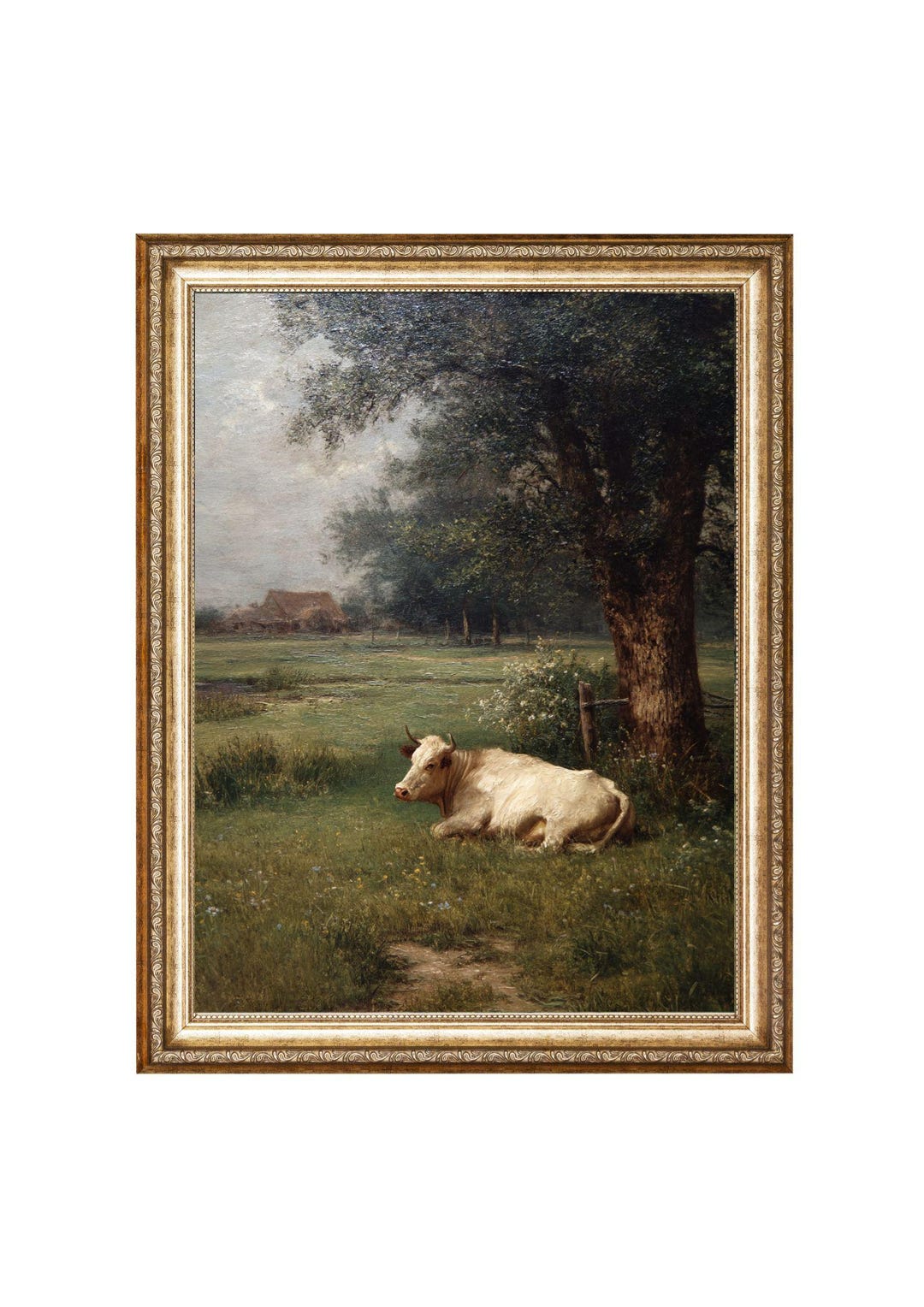 Cow Resting Under Tree in Rustic Pasture Landscape — VINTAGE Oil ...