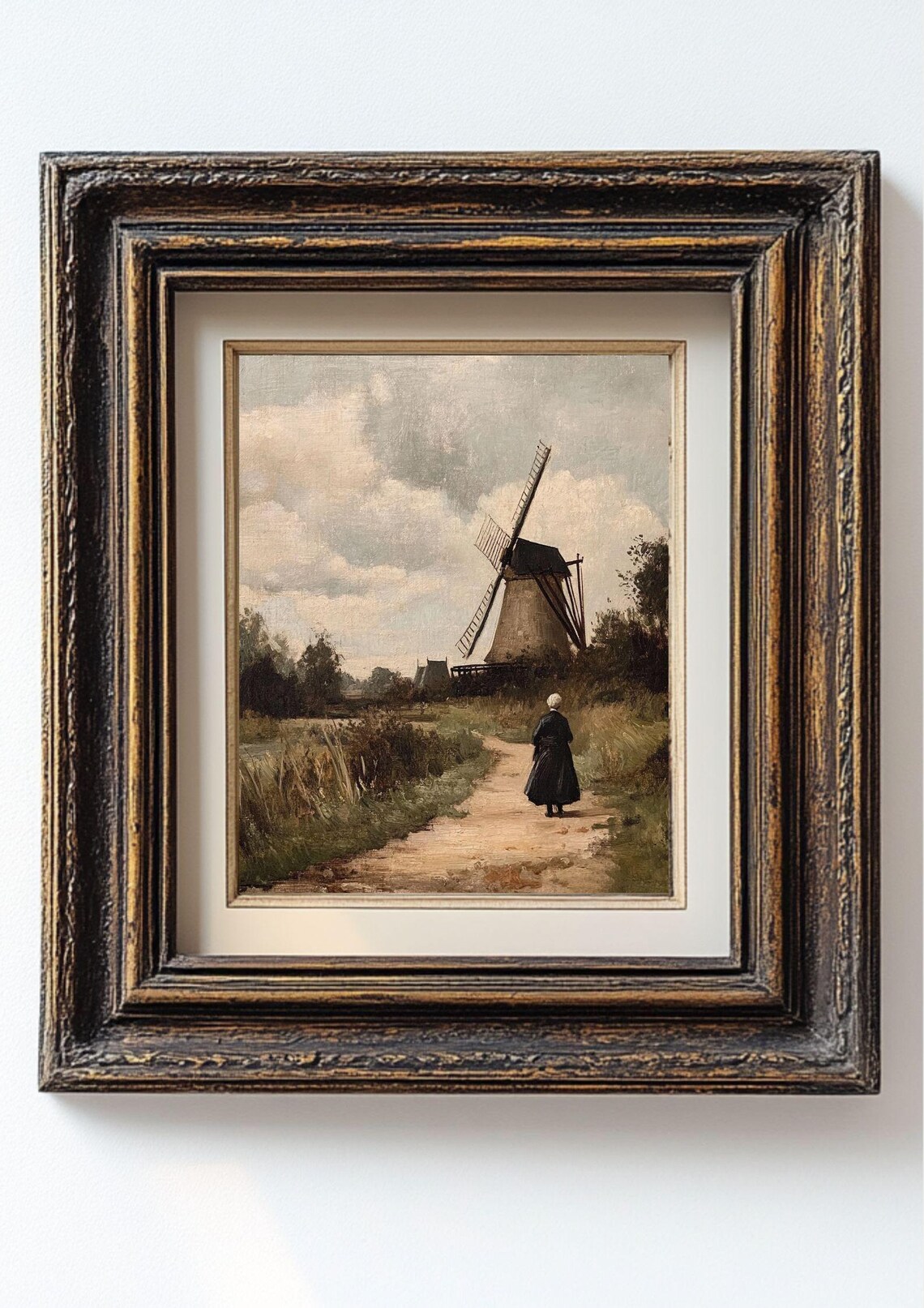 Vintage Dutch Windmill Oil Painting, Rustic Cottagecore Art (digital ...