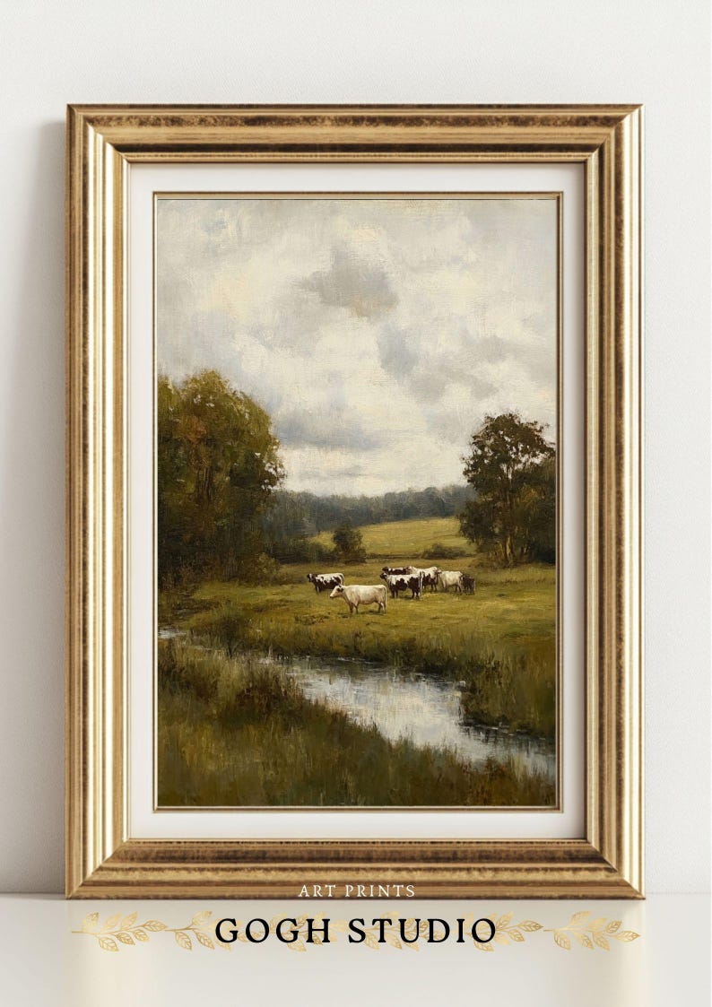 Vintage Cows Grazing Oil Painting, Countryside Cottagecore Art (digital ...