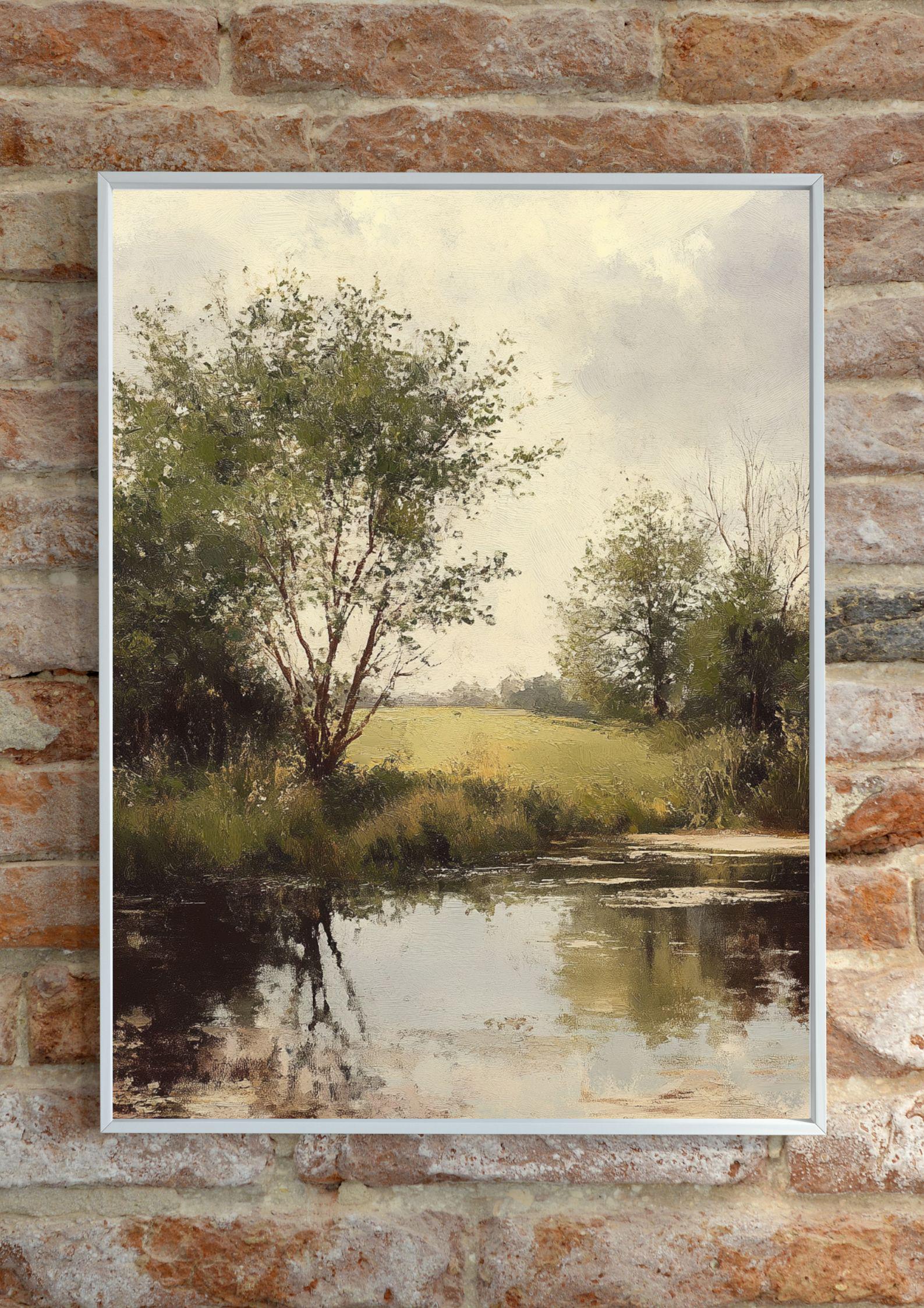 Vintage River Landscape Oil Painting, Cottagecore Nature Art (digital ...