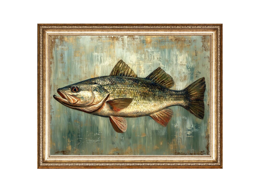 Vintage Fish Print Nautical Art Largemouth Bass Oil Painting, Cottage ...