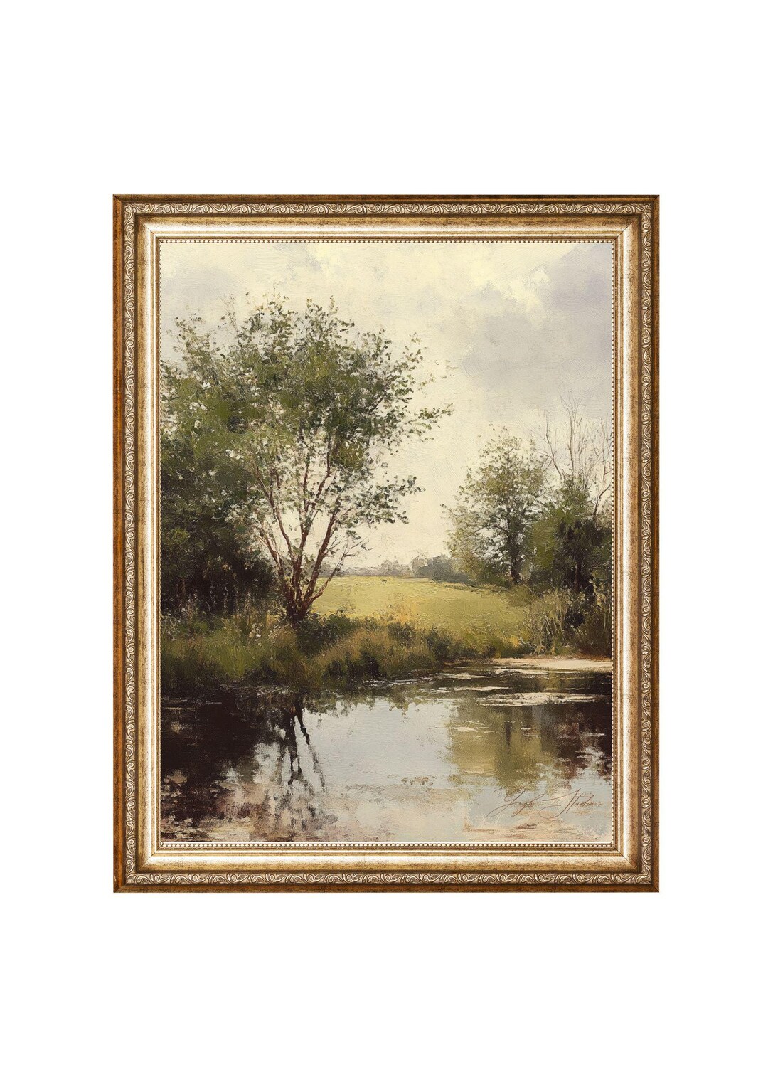 Tranquil River Landscape With Trees Nature Scene, VINTAGE Oil Painting ...