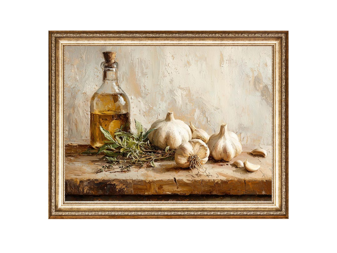 Country Kitchen Still Life With Herbs and Garlic, Food Art Oil Painting ...