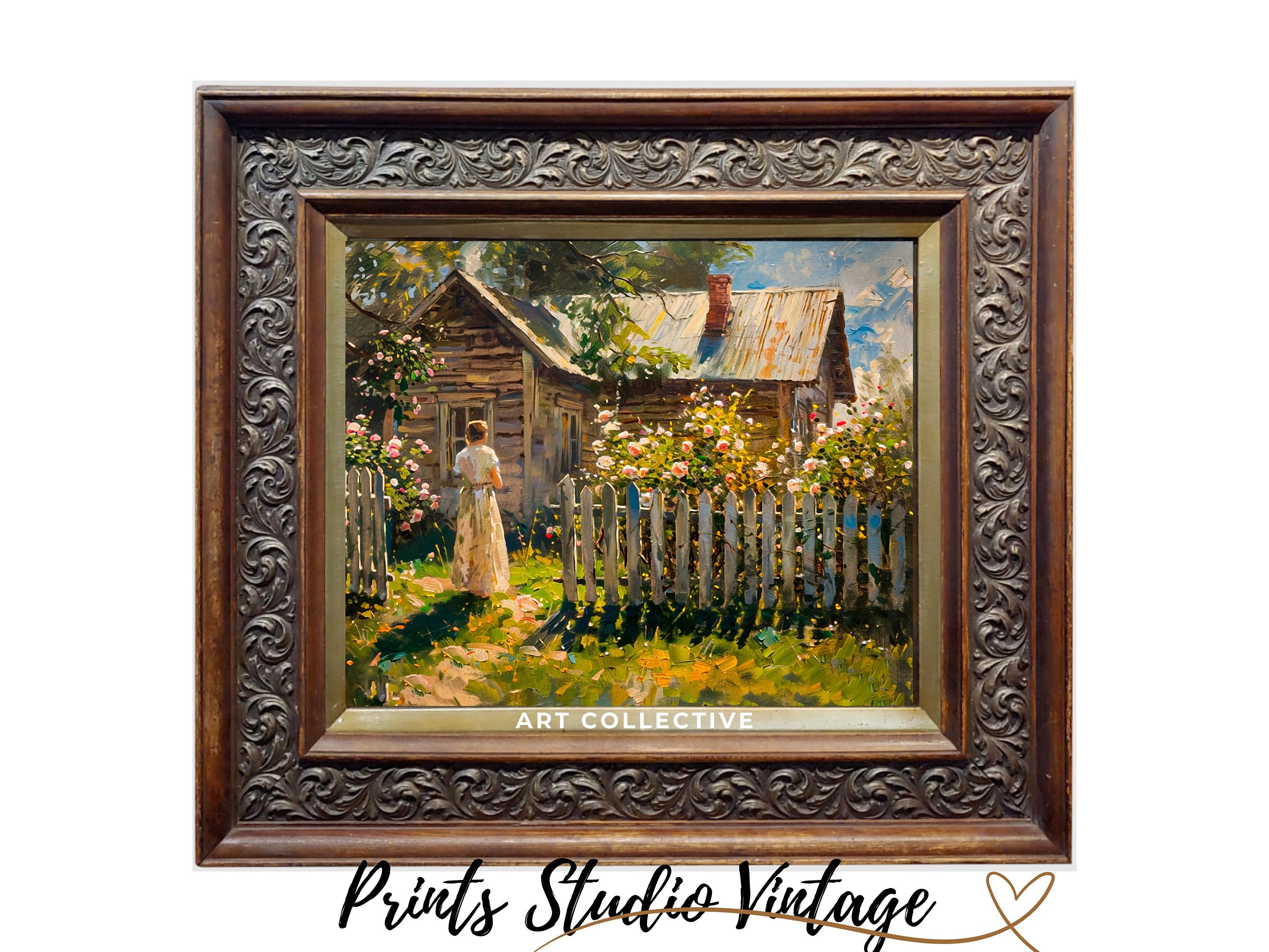 English Cottage Art and Rose Garden Painting, Cottage Woman ART PRINT ...