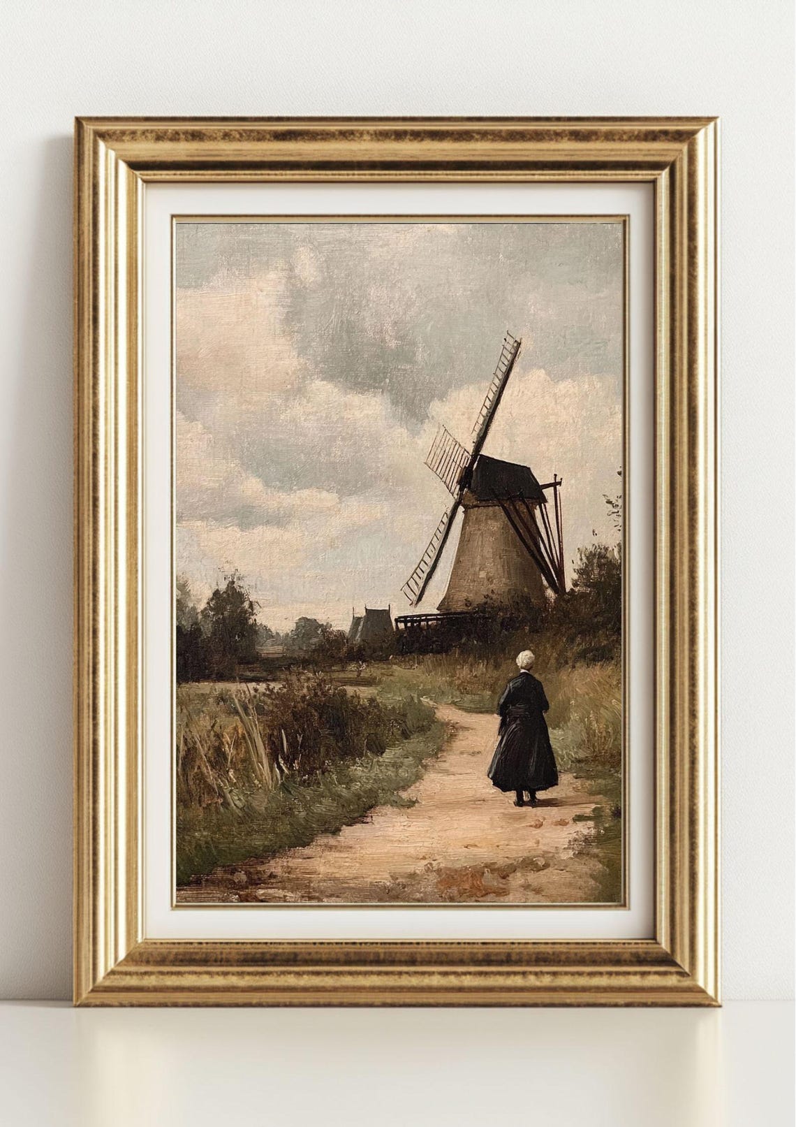 Vintage Dutch Windmill Oil Painting, Rustic Cottagecore Art (digital ...