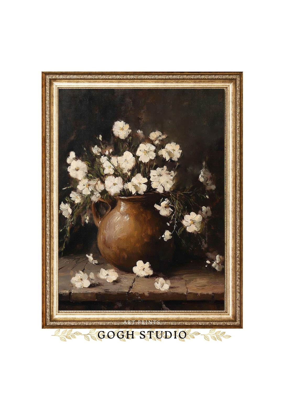 Vintage Floral Oil Painting, Rustic White Flowers in Clay Vase (digital ...