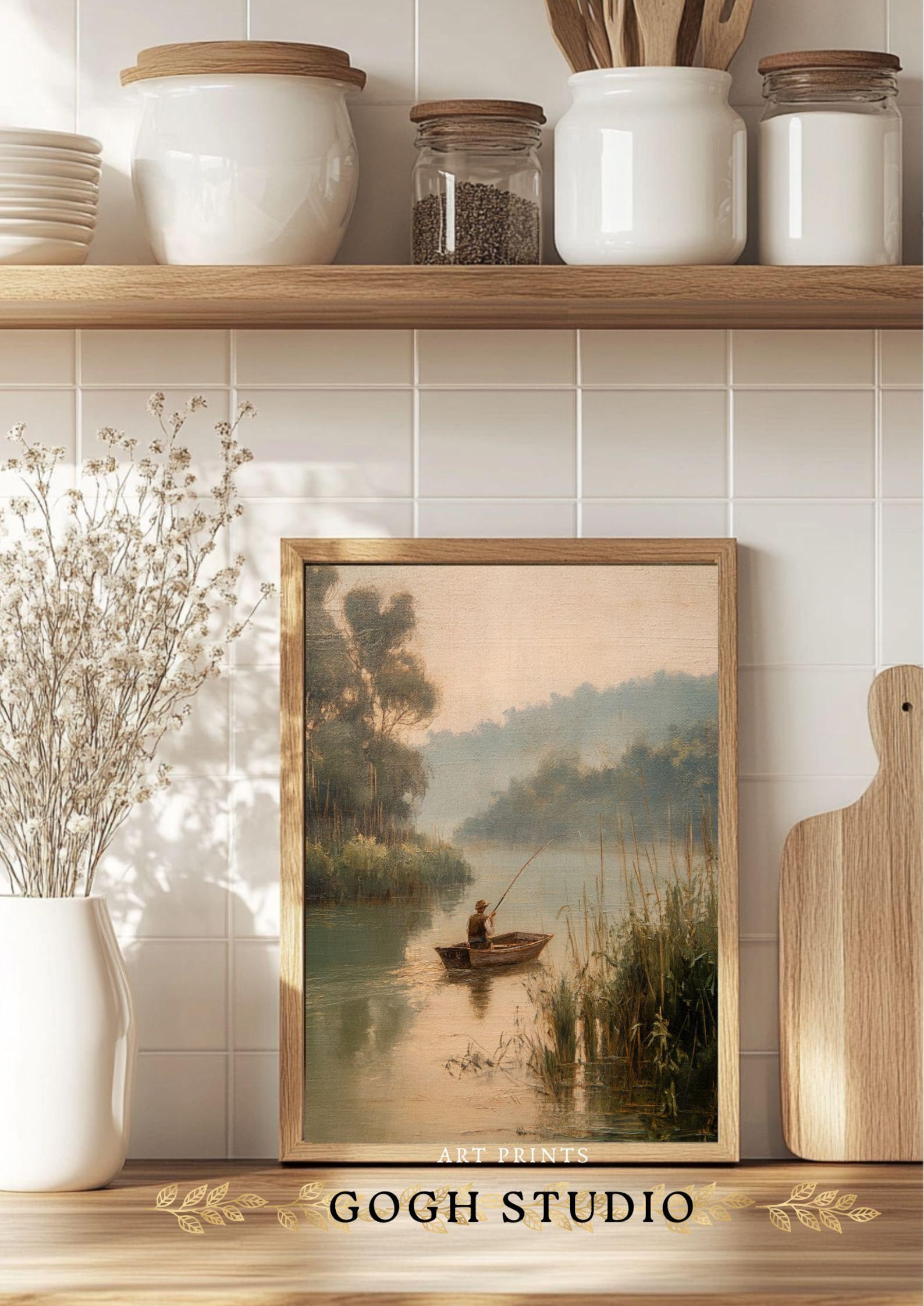 Vintage Fisherman Oil Painting – Cottagecore River Landscape (digital ...